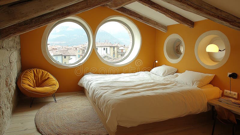 Cozy Bedroom with Large Round Windows and Mustard Walls Stock ...
