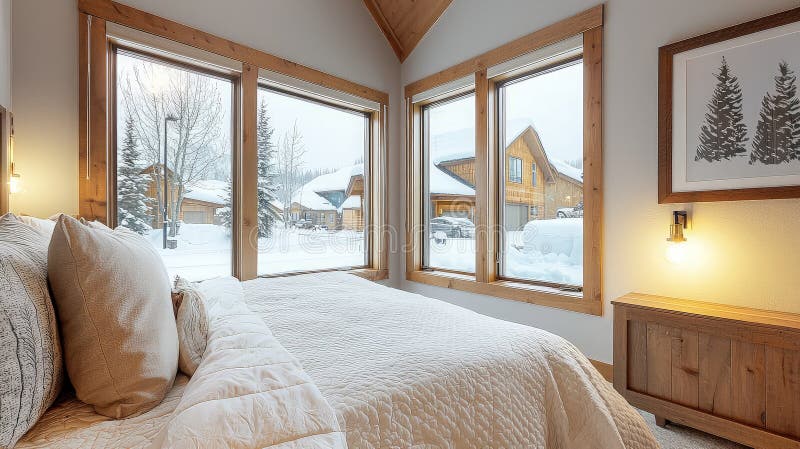 Cozy Bedroom with Large Windows Showing a Snowy Winter Landscape Stock ...