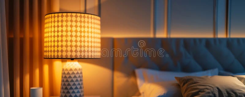 Cozy Bedroom with a Lit Bedside Lamp, Modern Interior Stock Photo ...