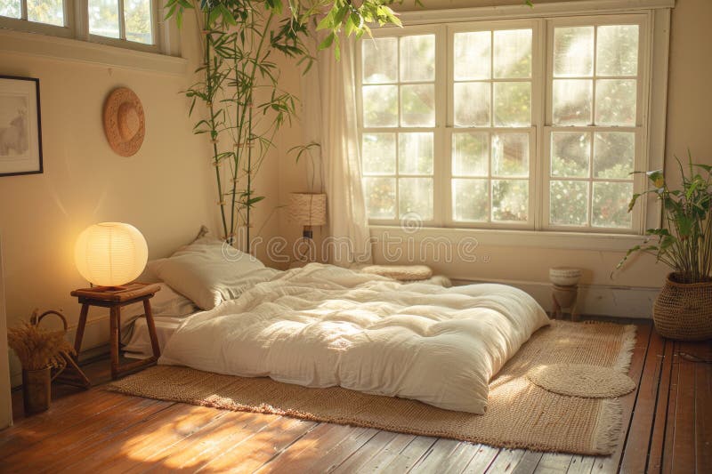 Cozy Bedroom with Low Bed, Soft White Bedding, and Warm Natural Light ...