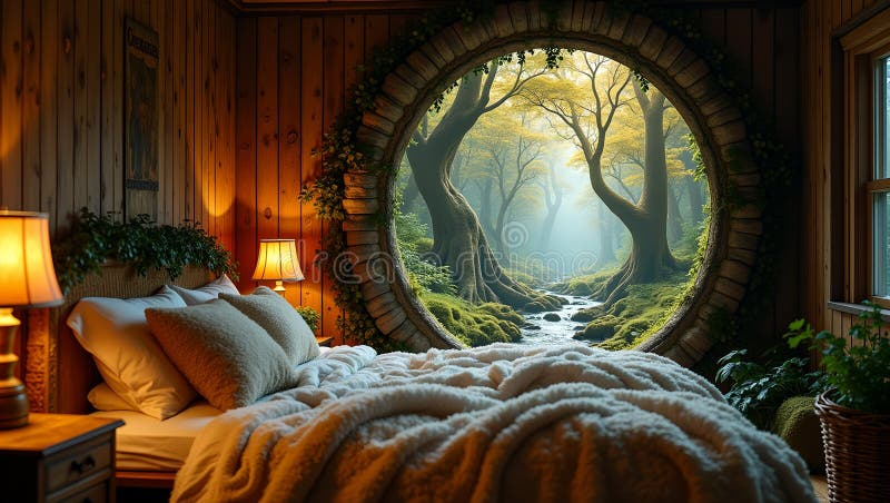 Cozy Bedroom with Magical Forest Portal Stock Illustration ...