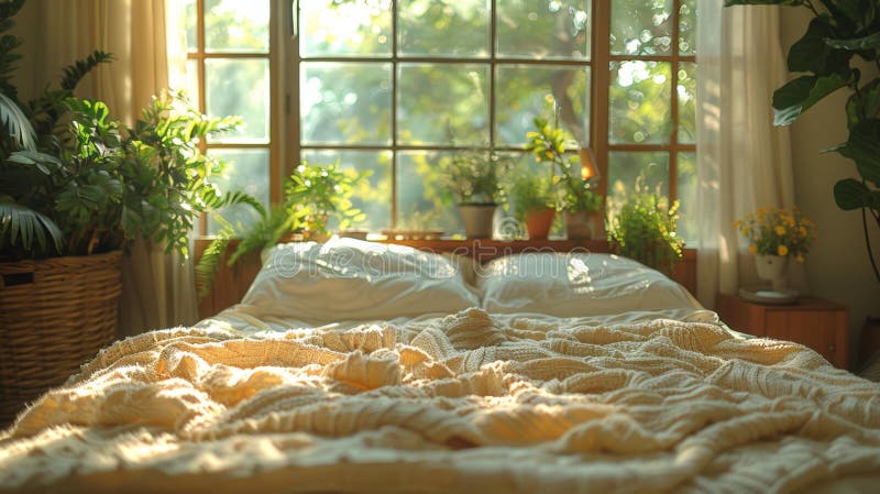 Cozy Bedroom with Morning Sunlight and Greenery - Generative Ai Stock ...