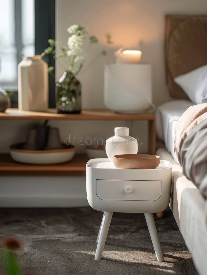 A Cozy Bedroom Nightstand with Decor and Soft Lighting. Stock Image ...