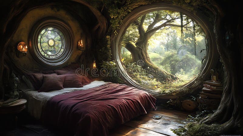 Cozy Bedroom Nook with Large Window, Forest View, Fantasy Design Stock ...