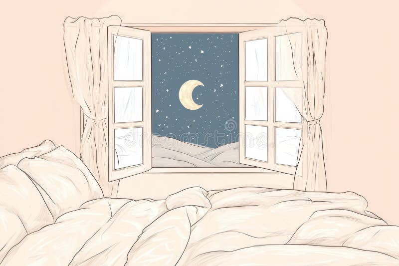 Cozy Bedroom with Open Window Overlooking Night Sky and Crescent Moon ...