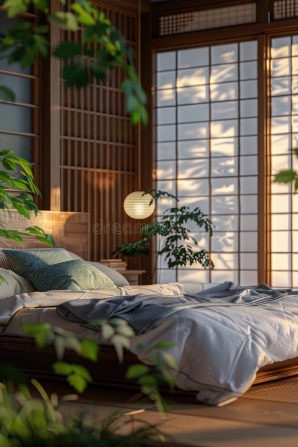 A Cozy Bedroom Scene with a Bed and a Plant in the Corner Stock Photo ...