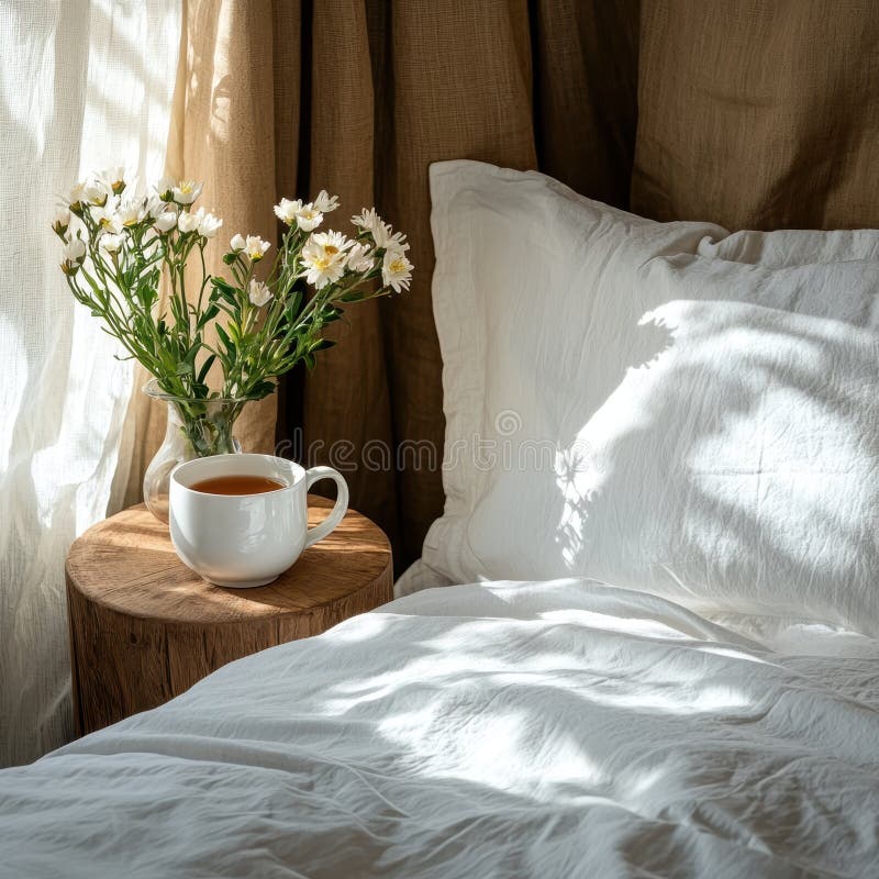 Cozy Bedroom Scene with Cup of Tea and Flowers Stock Illustration ...