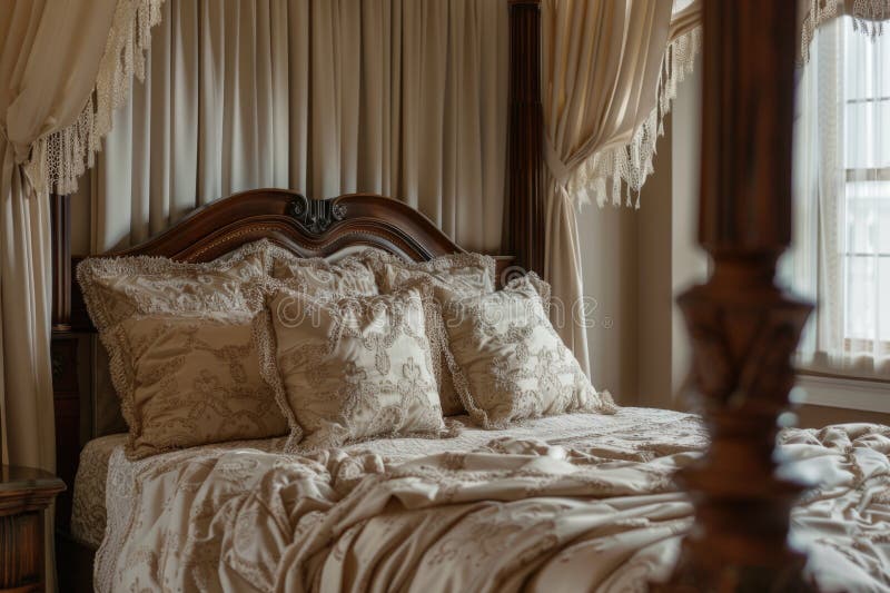 A Cozy Bedroom Scene Featuring a Bed with Pillows and a Canopy Stock ...