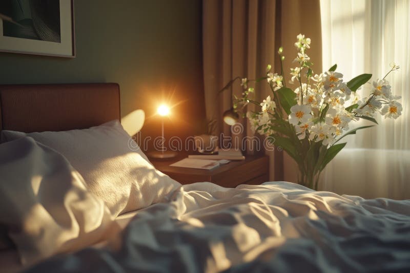 A Cozy Bedroom Scene Featuring a Bed with a White Comforter and a Vase ...