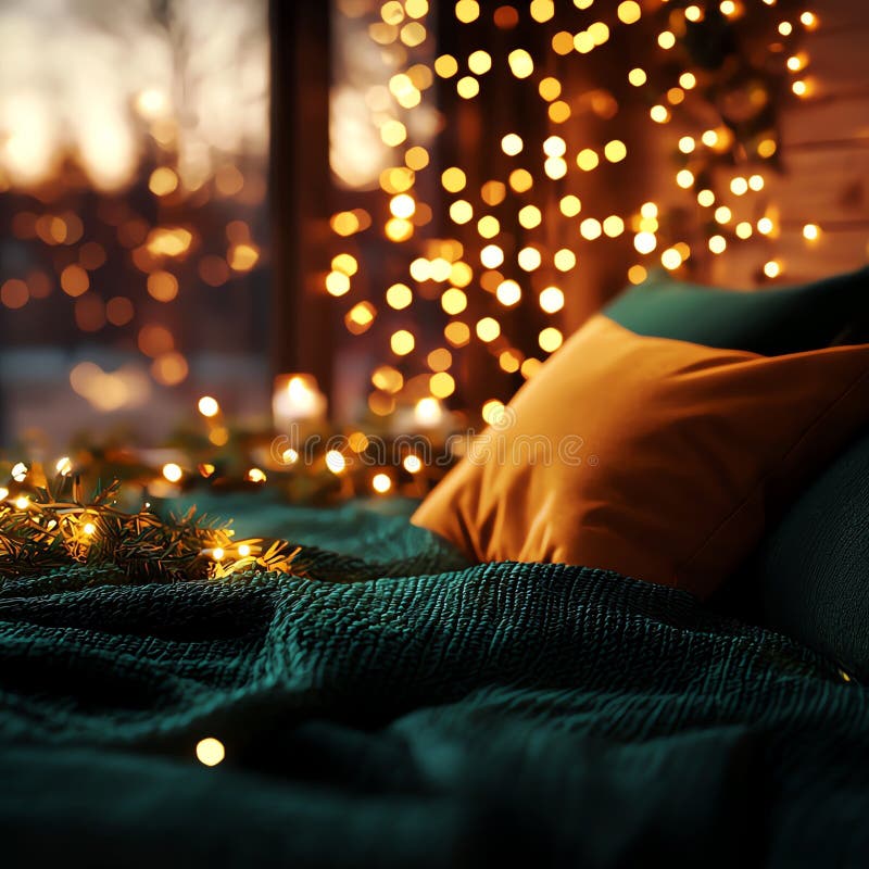 Cozy Bedroom Scene with Festive Lights and a Comfortable Bed Stock ...