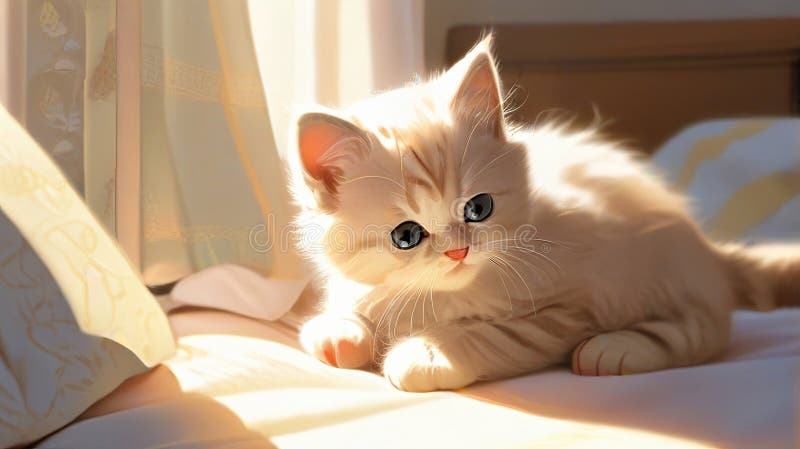 A Cozy Bedroom Scene with a Kitten Wakes Up Stock Illustration ...