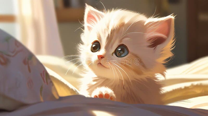 A Cozy Bedroom Scene with a Kitten Wakes Up Stock Illustration ...