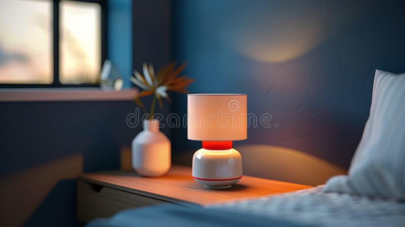 Cozy Bedroom Scene with a Lit Bedside Lamp and Vase on Nightstand ...