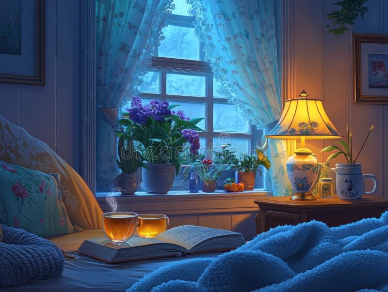 Cozy Bedroom Scene with Tea, Book, and Plants by Window at Night Stock ...