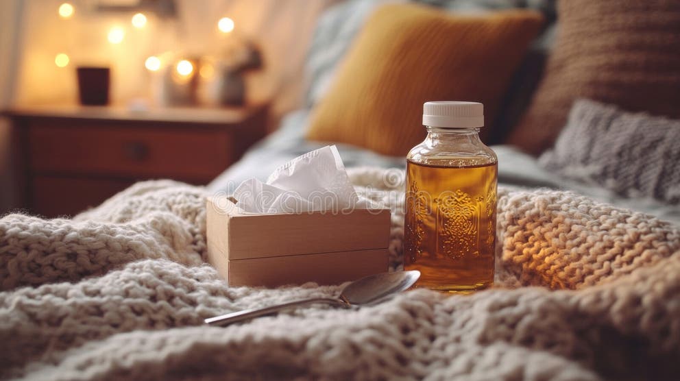Cozy Bedroom Setting with Home Remedies for a Cold Stock Illustration ...