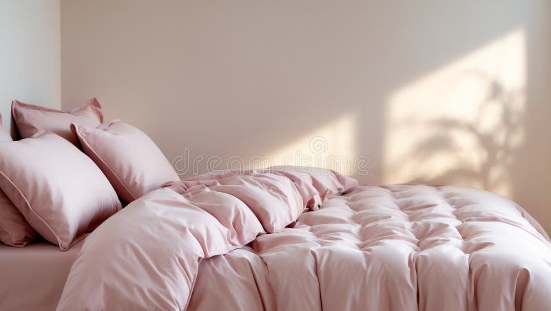 Cozy Bedroom Setting with Soft Pink Bedding and Blurred Background for ...