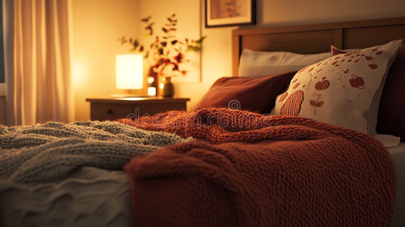 A Cozy Bedroom Setup with Layered Blankets and a Stylish Bedside Table ...
