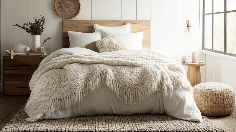 A Cozy Bedroom Setup with Layered Blankets and a Stylish Bedside Table ...