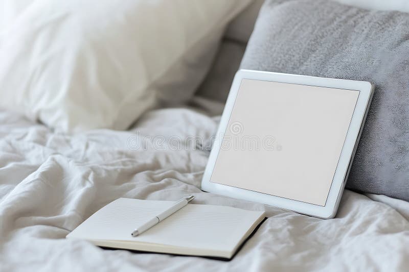 Cozy Bedroom Setup Tablet, Notebook, and Pen on White Bed Linen Stock ...