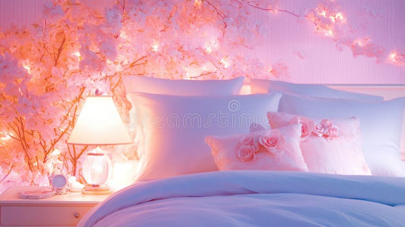 Cozy Bedroom with Soft Rose Lights and Elegant Floral Decor Stock Photo ...