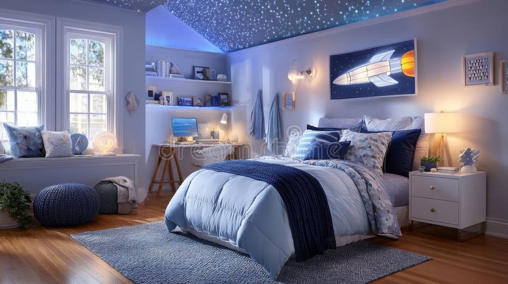 Cozy Bedroom with Starry Ceiling and Space-themed Decor Stock Photo ...