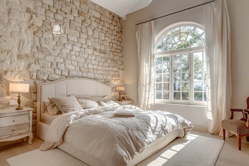 Cozy Bedroom with Stone Wall Feature and a White Bed Stock Illustration ...
