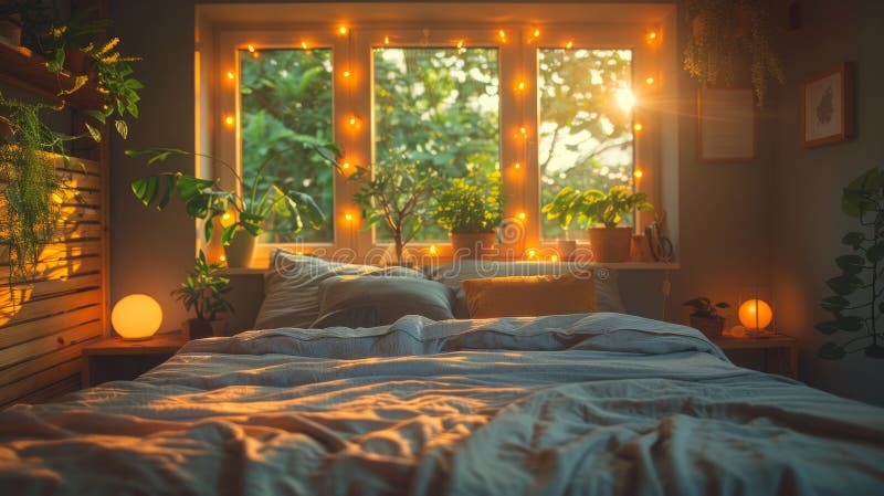 Cozy Bedroom with String Lights and Plants Near a Window Stock Photo ...