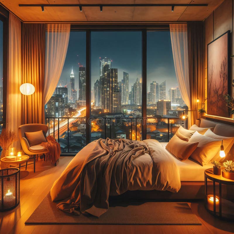 A Cozy Bedroom with a Stunning Cityscape View at Night Stock ...