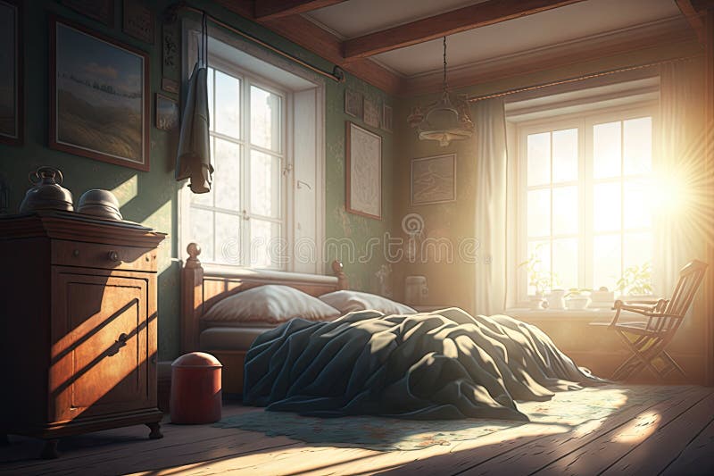 A Cozy Bedroom with Sunlight Shining through the Window Stock ...