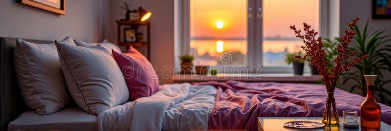 Cozy Bedroom with Sunset View, Warm Lighting, and Decorative Accents ...