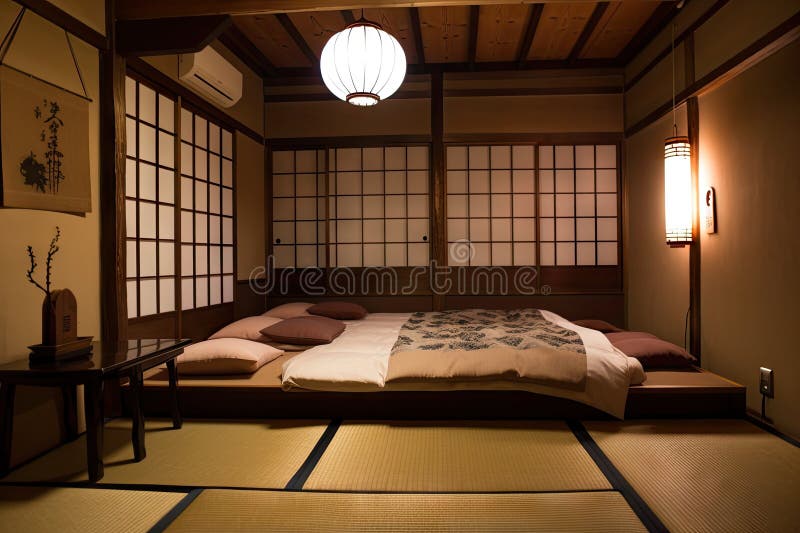 Cozy Bedroom with Tatami Mats, Sliding Doors, and Lanterns Stock ...