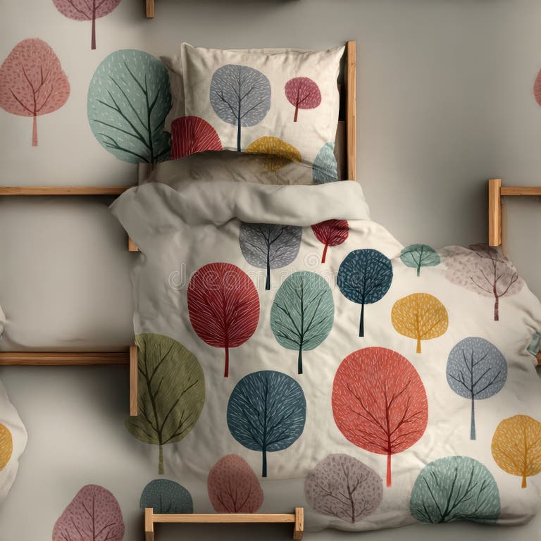 Cozy Bedroom with Tree Pattern Bedding and Wall Design Stock ...