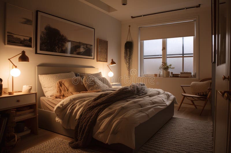 Cozy Bedroom, with Warm Lighting and Soft Textures Stock Photo - Image ...