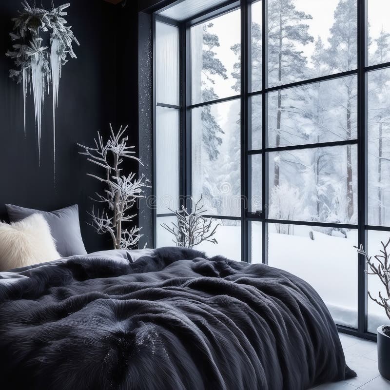 Cozy Bedroom with a Wintery Atmosphere. the Bed is Covered in Fluffy ...