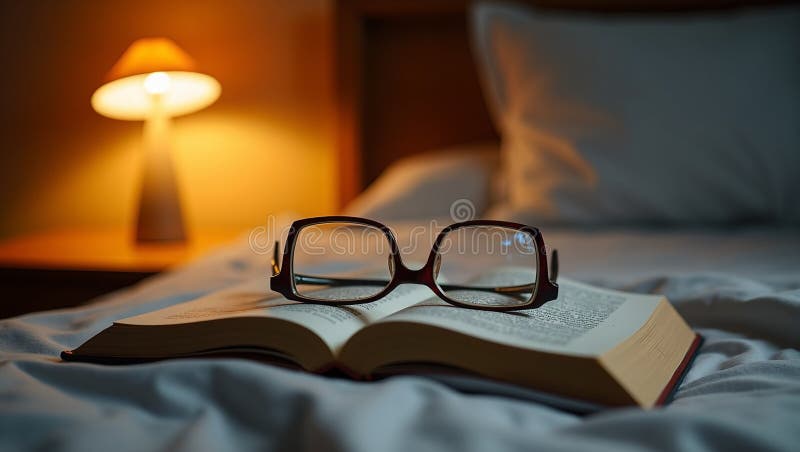 Cozy Bedside Reading Setup with Glasses Book and Lamp Stock ...