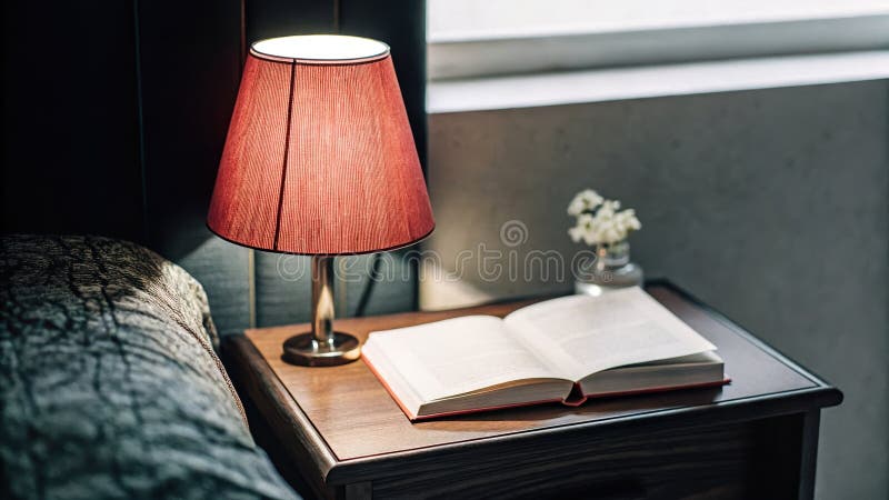 Cozy Bedside Table with Lamp and Open Book Stock Image - Image of ...