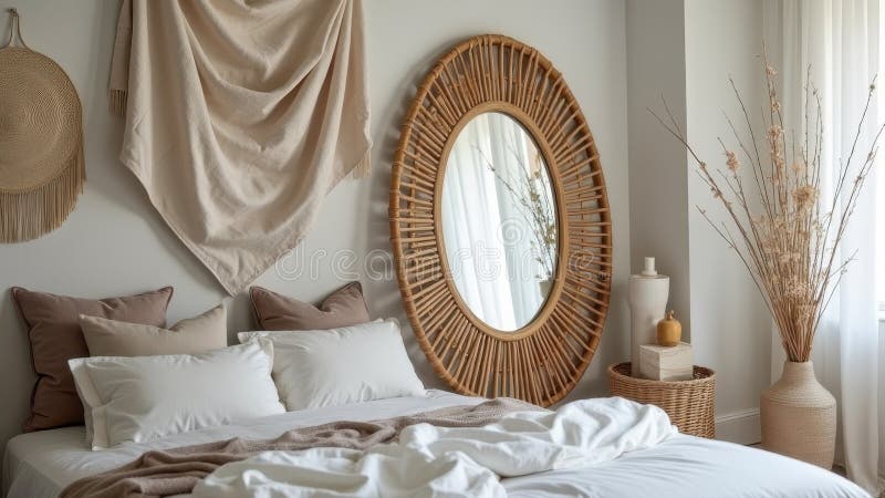 Cozy Beige Bedroom Rattan Mirror Neutral Textiles Stock Photos - Free ...