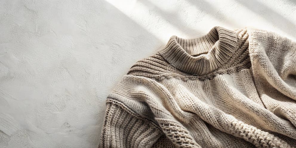 A Cozy Beige Knit Turtleneck Sweater Casually Draped on a Textured ...