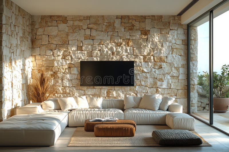 Cozy Beige Leather Sofa in Rustic Modern Living Room with Stone ...