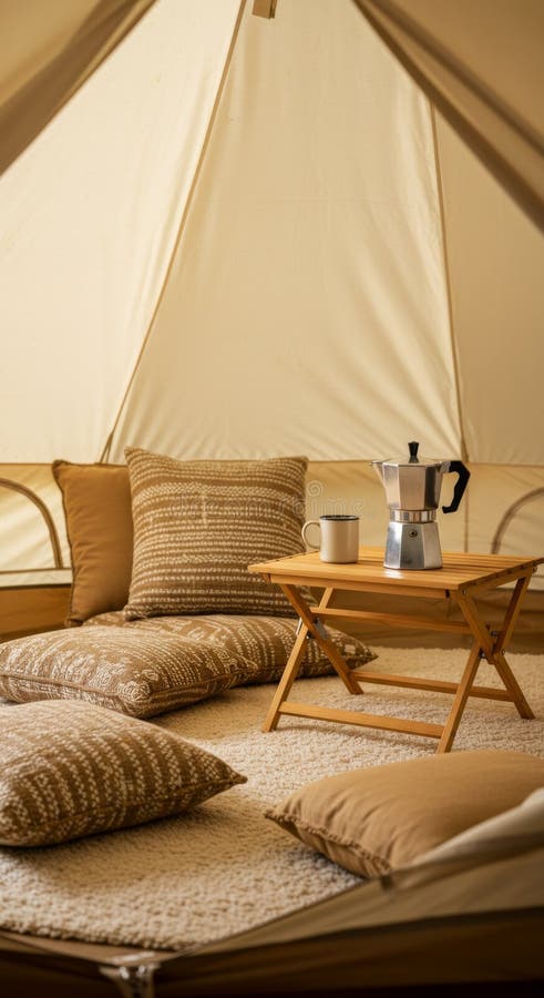 Cozy Beige Tent Interior with Coffee and Cushions Stock Illustration ...