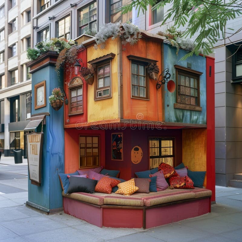 Cozy Bench with Plush Pillows in a Charming Building Stock Illustration ...