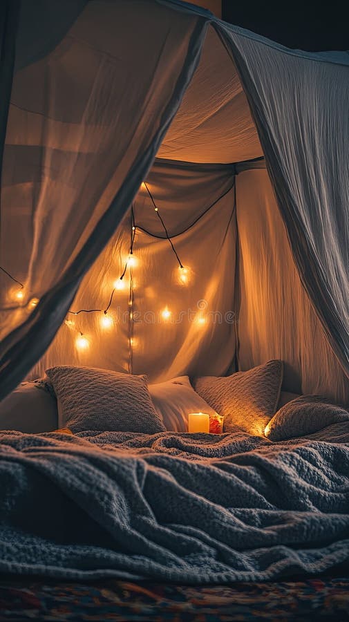 A Cozy Blanket Fort with String Lights. Stock Photo - Image of room ...