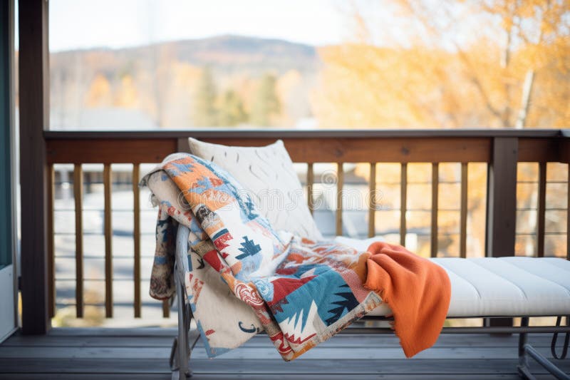 Cozy Blankets on Log Cabin Balcony Bench Stock Image - Image of ...
