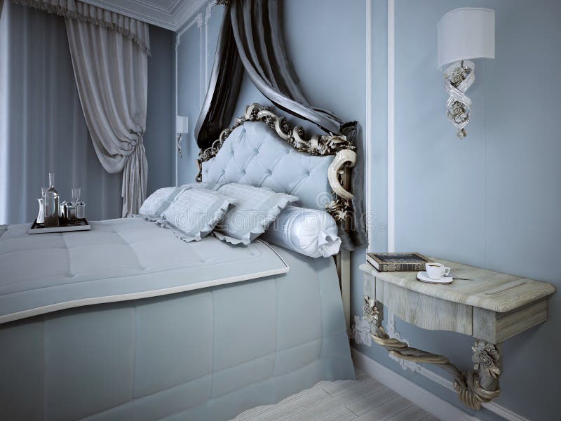 Cozy Blue Bedroom in Classic Style Stock Image - Image of expensive ...
