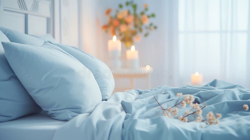 Cozy Blue Bedroom with a Neatly Made Bed Stock Photo - Image of duvet ...