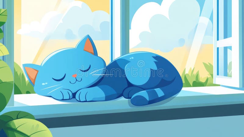 Cozy Blue Cat Sleeping Peacefully on Sunny Window Sill on Blue Monday ...