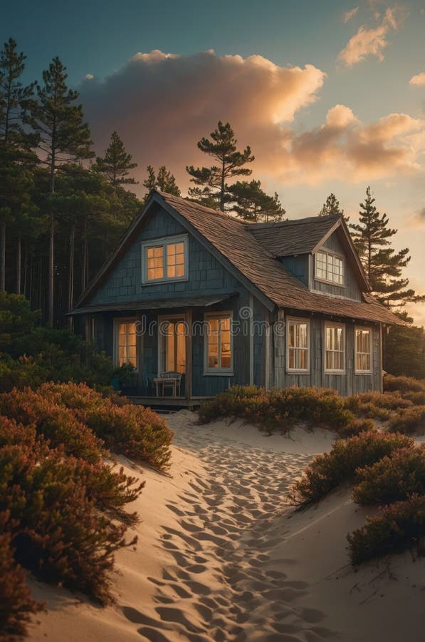 Cozy Beach House at Sunset Near Pine Forest Stock Illustration ...