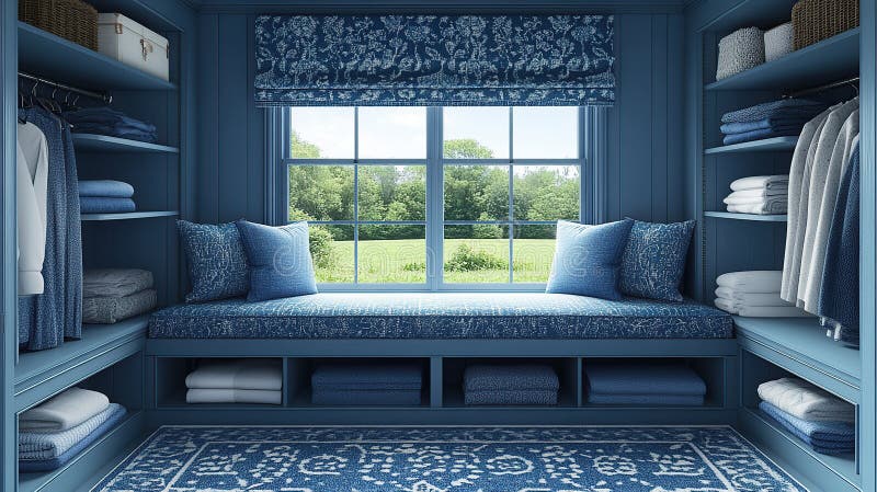 Cozy Blue Walk-in Closet with Window Seat Stock Illustration ...