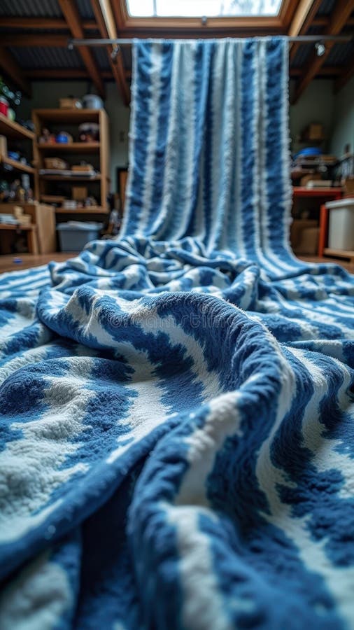 Cozy Blue and White Blanket Cascading in Room with Wooden Ceiling Stock ...