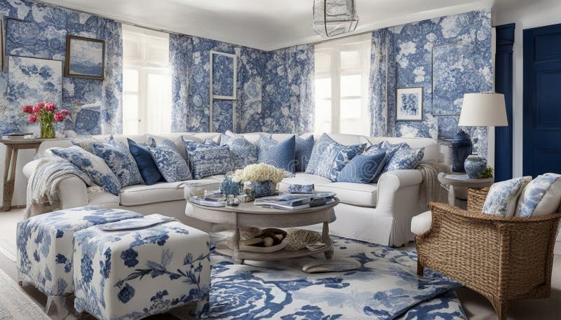 Cozy Blue and White Living Room with Flowery Patterns on Pillows and ...